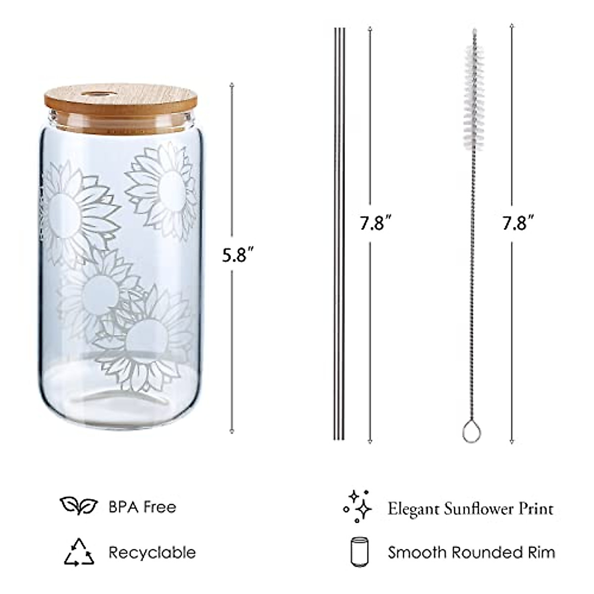Sunflower Gifts for Women - Sunflower Cup with Bamboo Lids and Straw, Cute Sunflower Cups, Beer Can Shaped Drinking Glass Cup, Inspirational Sunshine Birthday Christmas Gifts for Mom - 16 oz Can Glass