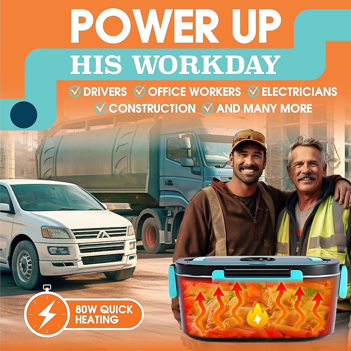 TRAVELISIMO Electric Lunch Box for Adults 80W, Fast Portable Heated Lunch Box 12/24/110V 1.5L Food Warmer Lunch Box, Leakproof, SS Container, for Car Truck Work, Loncheras para Hombres de Trabajo