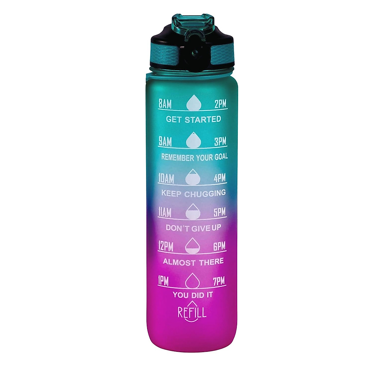 32 oz Water Bottle with Times to Drink and Straw. With Clearly Marked Times To Drink Throughout The Day And a Convenient Straw For Spill-Proof Sipping, Track Your Water Intake and Stay Hydrated.
