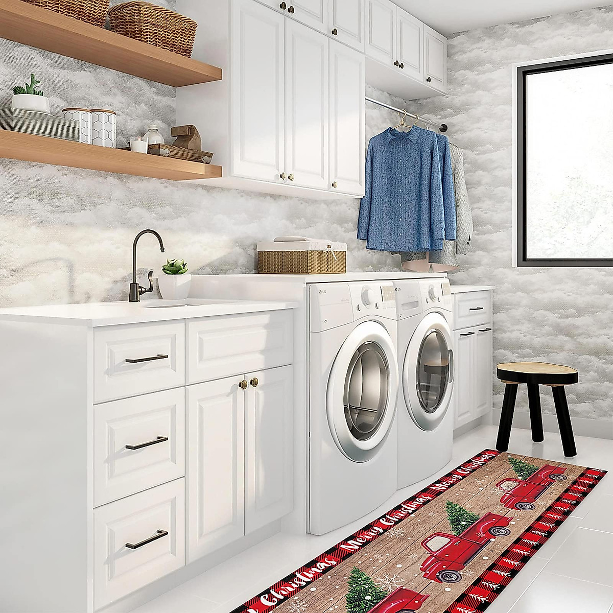 Libaoge Merry Christmas Kitchen Rugs and Mats Set of 1 Red Truck Pull Xmas Tree on Rustic Wood Grain Kitchen Sink Mat,Non-Slip Area Runner Rug,Washable Floor Mat for Home Dining Room Office 15"x47"