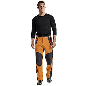 BASUDAM Men's Outdoor Pants Snow Waterproof Winter Insulated Fleece Lined Softshell with Belt Orange M