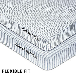 Ely’s & Co. Patent Pending Waterproof Crib│Toddler Bed Sheet 2-Pack Set for Baby Boy - 100% Cotton, Jersey Knit Cotton Sheets with Waterproof Lining — Misty Blue, Stripes and Splashes