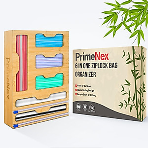PrimeNex Ziplock Bag organizer, Ziplock Foil and Plastic Wrap Dispenser with Cutter, 6 in 1 Bamboo Kitchen Drawer Plastic Bag Food Baggie Organizer for Drawer Gallon, Quart, Sandwich, Snack (Natural)