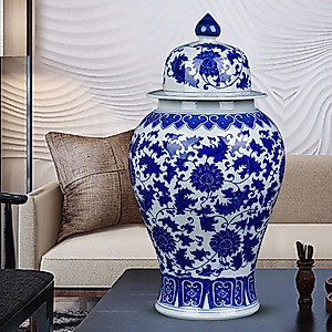 Chinese Blue &White Ginger Jar with Lid, Handmade Decorative Ceramic Temple Jar with Pattern, Storage Jar for Home Decoration Countertop Ornaments