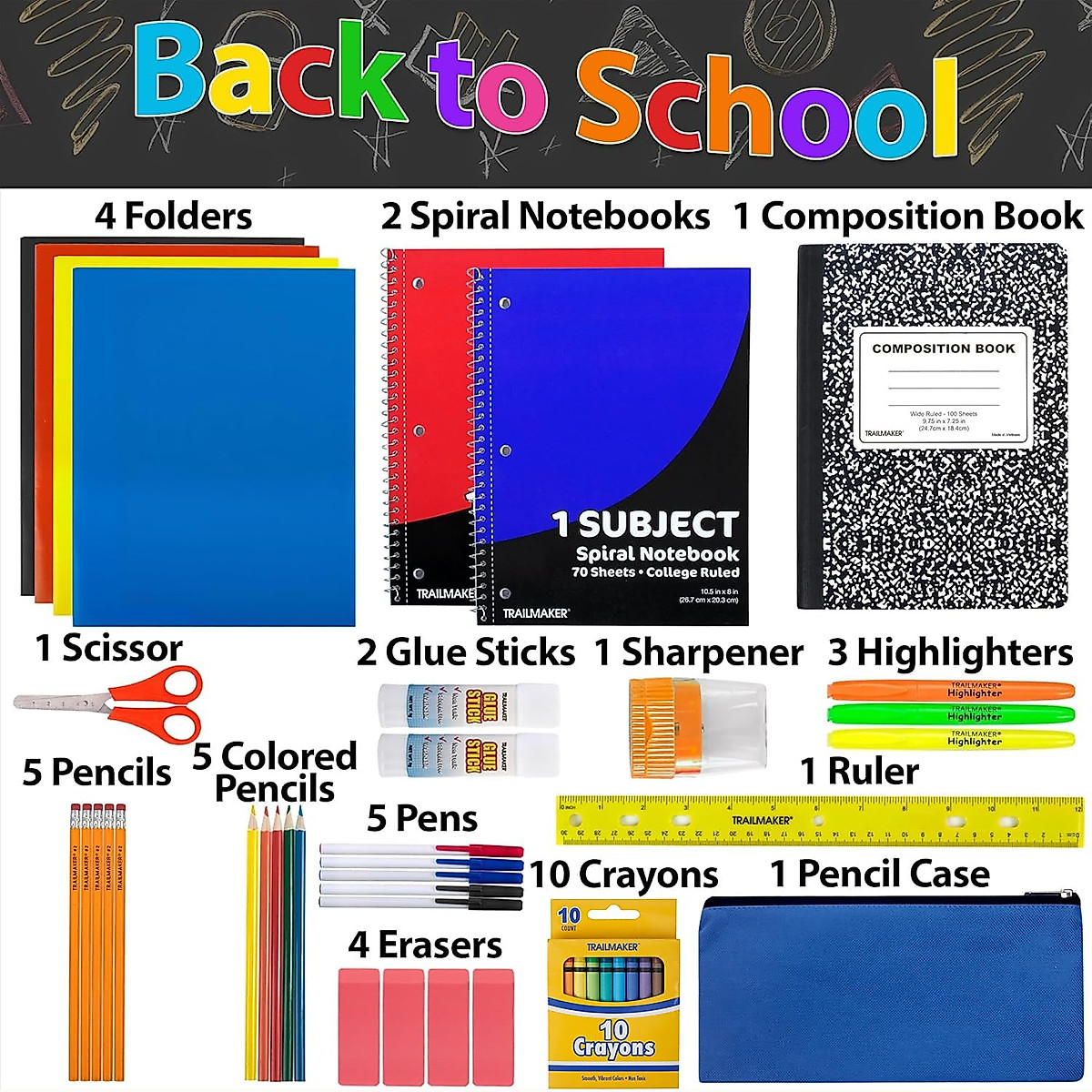 Trail maker Bulk Elementary School Supply Kits, 12 Packs of 45 Piece Wholesale School Supplies for Kids Includes Folders Notebooks Pencils Pens and Much More!