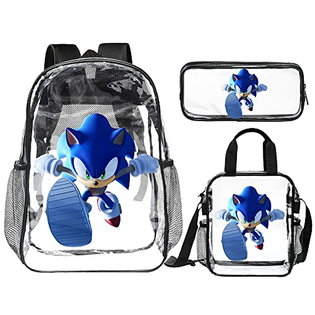 Qxuzizh 3PCS Transparent Clear Backpack Plastic Bookbags with Lunch Bag Tote And Pencil Case Box Pouch for Teen Boys Girls Youth