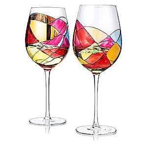 Artisanal Hand Painted Renaissance Romantic Stain-glassed Windows Wine Glasses - 2 Set - Gift Idea Her, Him, Birthday, Housewarming - Extra Large Goblets 29OZ, Glassware Gifts Ideas for Women, Stemmed