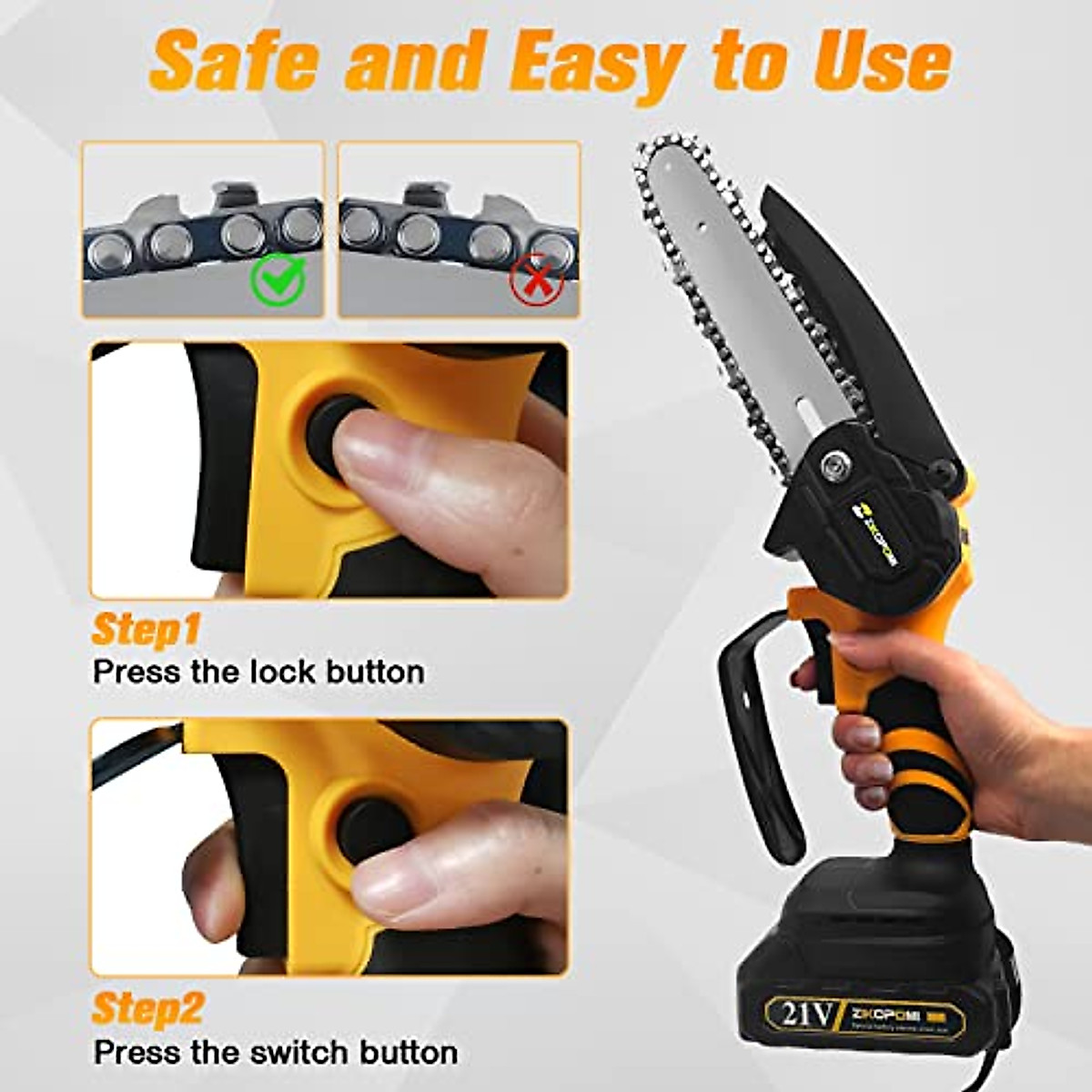 Mini Chainsaw Cordless, Electric Chain Saw, Upgraded 6 Inch Handheld Chainsaw, Small Chainsaw With Security Lock, Pruning Saw for Trees Branches Trimming Wood Cutting (2Pcs Batteries and 2Pcs Chains)