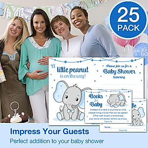 Set of 25 Baby Shower Invitations for Boy with Envelopes, Diaper Raffle Tickets and Baby Shower Book Request Cards - Elephant