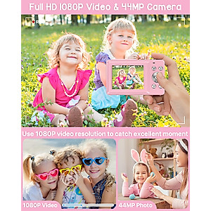 Digital Camera, FHD 1080P Kids Camera 44MP Compact Digital Camera with 32GB Card, 1 Batteries 16X Digital Zoom Point and Shoot Digital Cameras Gift for Kids Boys Girls Teens (Pink)