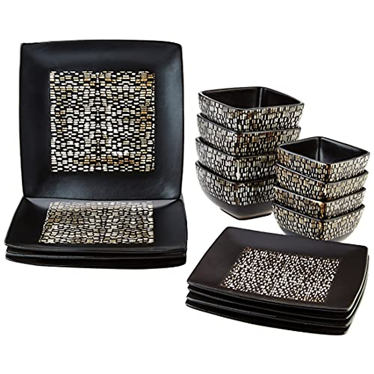 Elama Square Stoneware Pattern Dinnerware Dish Set, 16 Piece, Matte Black and Tan Tile