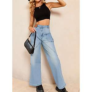 Astylish Boyfriend Jeans for Women High Waisted Baggy Boyfriend Wide Leg Flare Denim Cargo Pants Sky Blue Size 6