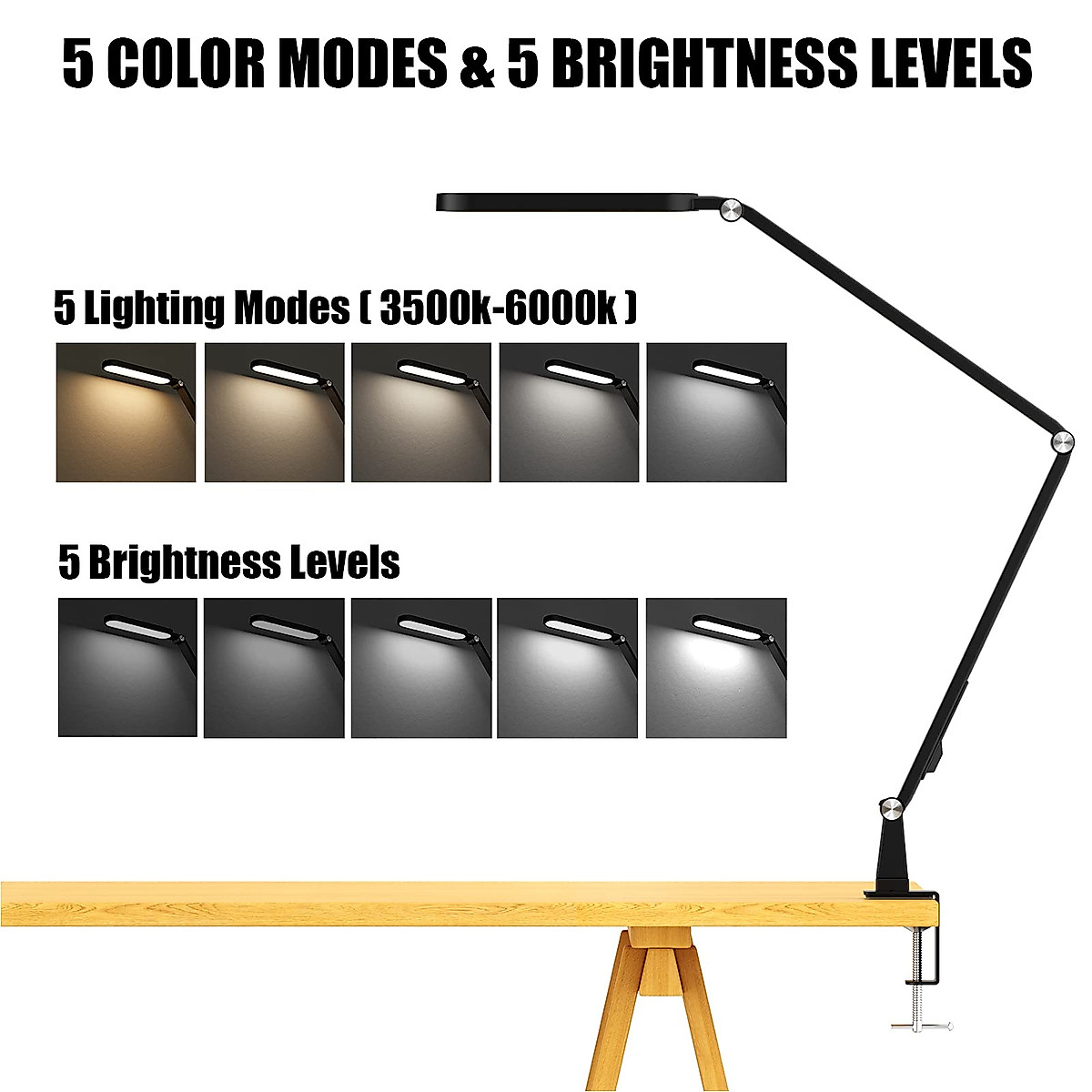 LED Desk Lamp,JKSWT Eye-Caring Adjustable Swing Arm Desk Light with Clamp,72 Led,5 Color Modes,5 Brightness Levels Table Lamp, Office Lamp with Memory Function and Touch Control,Black