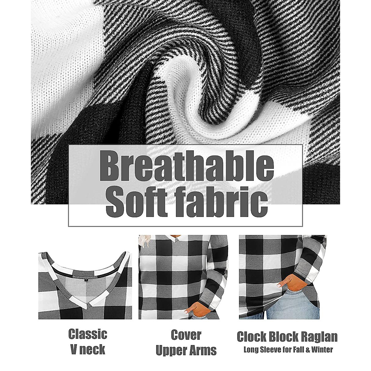 CARCOS Womens Plus Size Tops Checkered Long Sleeve Shirts V Neck Pullover Tunics Casual Black White Sweatshirts 5XL 26W 28W