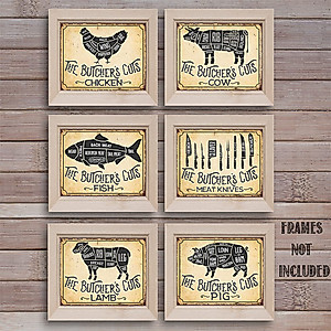 The Butcher's Cut Set of 6-8x10 Unframed Gallery Wall Art Prints - Makes Great Meat Shop and Kitchen Decor Under $20