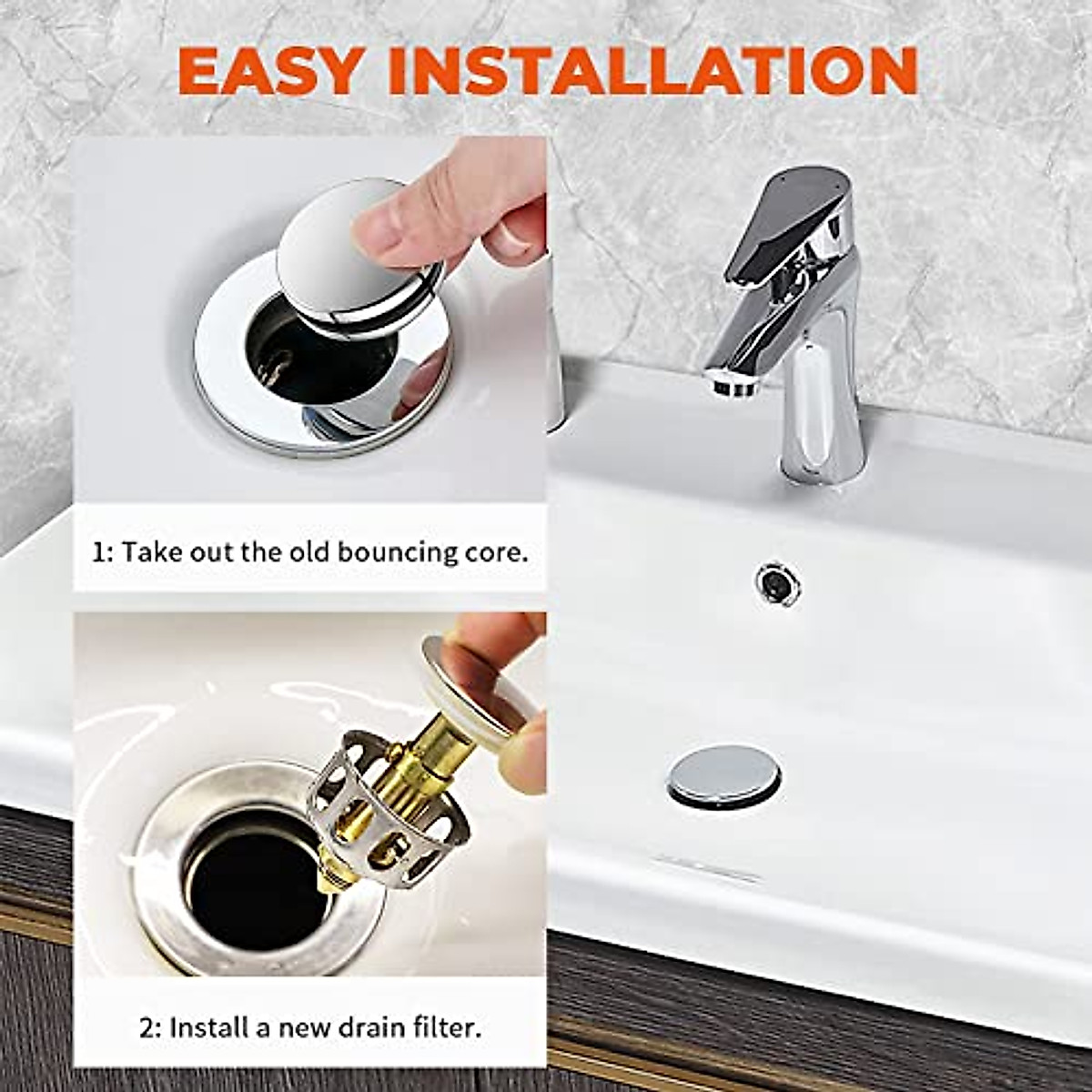 Only For 1.38 Inches Wash Basin Bounce Drain Filter , 2PCS Stainless Steel Kitchen Bathroom Plug Pop up Sink Drain Stopper Drain Strainer with Basket