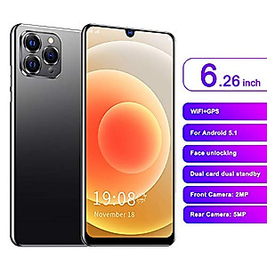 Vbestlife IP12 PRO Unlocked Android Smartphone,6.26in Waterdrop Full Screen Dual SIM Cell Phone,Ultra Thin Mobile Phone Supports Face Fingerprint Unlocking,Quad Core CPU,Triple Rear Camera Black