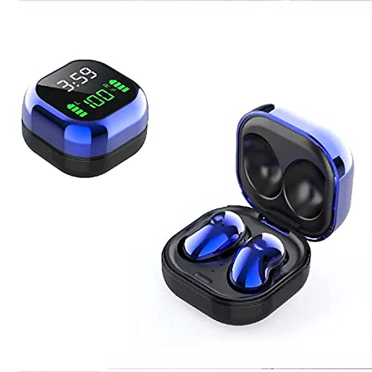 eDealz Fully Wireless Bluetooth 5.1 Rechargeable IPX4 Waterproof Sweatproof Earbud Headphones with Microphone, Micro USB LCD Clock Charging Case Surround Stereo Bass and Noise Cancelling Calls (Blue)