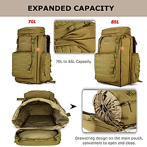 SunForMorning Large Tactical Hiking Daypack 70-85L Military MOLLE Assault Backpack Army Traveling Camping Pack Bug Out Bag Outdoor Rucksack (Rain Cover & 2 Patch Included), Brown