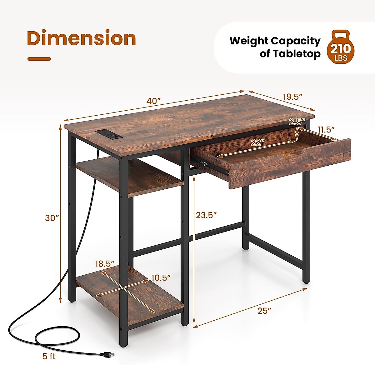 Tangkula Computer Desk with Charging Station, 40” Industrial Home Office Desk with Drawer & Adjustable Shelf, Compact Computer Workstation with CPU Stand & Headphone Hooks, Study Writing Desk