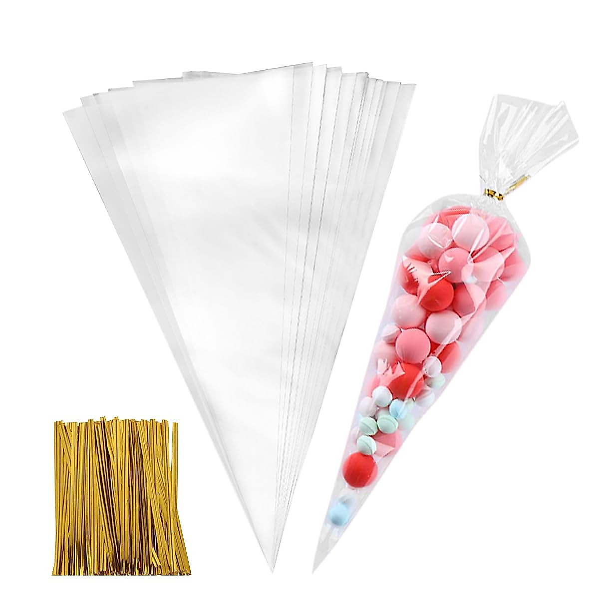 Cone Bag 100 PCS Clear Cello Treat Bags Popcorn Bags 7 by 15 Inch Triangle Goody Bags with Twist Ties for Candies Handmade Cookies (100 Large)