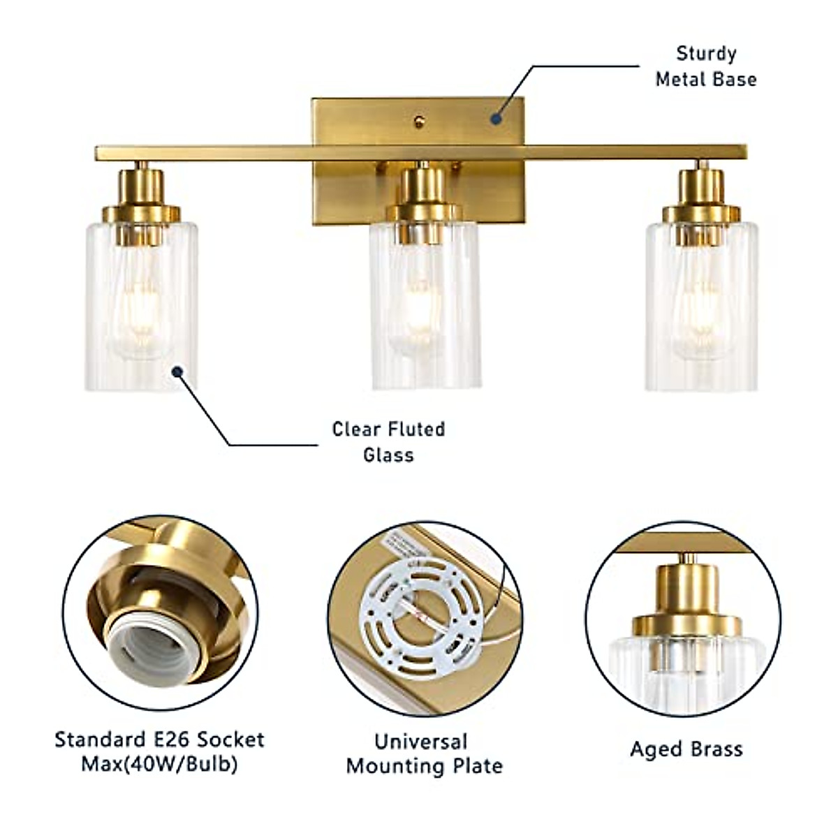Jonsi Gold Bathroom Light Fixtures, 3 Light Brushed Gold Bathroom Vanity Lights with Fluted Glass Shade, Modern Gold Bathroom Lights Over Mirror, Vanity Lighting Fixtures, 23.5" W x 10.7" H