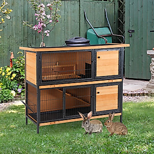 PawHut 48" 2-Story Large Rabbit Hutch Bunny Cage Wooden Pet House Metal Frame with Individual Room, Ramp, No Leak Tray, Feeding Trough, Waterproof Asphalt Roof for Outdoor/Indoor