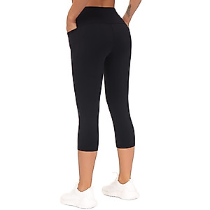 THE GYM PEOPLE Tummy Control Workout Capris Leggings with Pockets High Waist Athletic Yoga Pants for Women Running Hiking Black