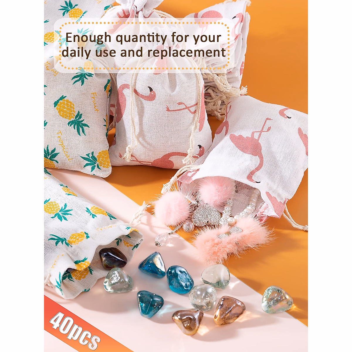 40 Pcs Hawaiian Drawstring Favor Bags- 2 Styles Natural Burlap Pouches Drawstring Gift Treat Bags for Birthday Wedding Summer Beach Luau Tropical Party Favors(Pineapple+ Flamingo, 20pcs Each Style)