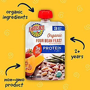 Earth's Best Organic Toddler Food Pouches, Toddler Protein Puree for Kids 2 Years and Older, Organic Four Bean Feast, 4.5 oz Resealable Pouch (Pack of 12)