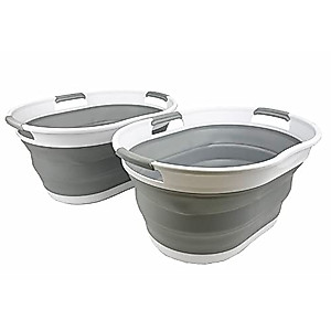 SAMMART 25L (6.6 gallon) Collapsible Plastic Laundry Basket - Foldable Pop Up Storage Container/Organizer - Portable Washing Tub - Space Saving Hamper/Basket (White/Grey (Set of 2))