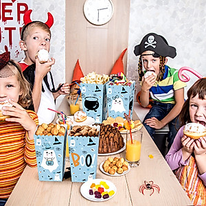 K KUMEED 24 PCS Blue Halloween Popcorn Favor Boxes,Halloween Party Supplies Cute Ghost Popcorn Bowls Popcorn Buckets Popcorn Bags,Boo Theme Candy Cookie Container for Kids