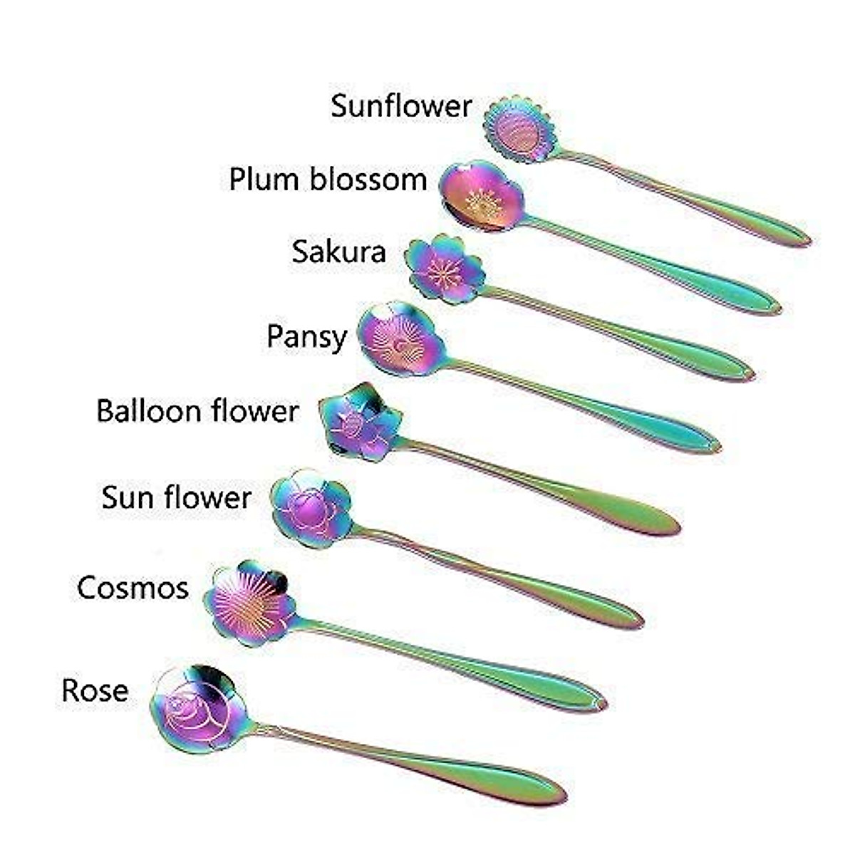 Flower Spoon Set - 8pcs DGQ Teaspoon Coffee Spoon Rainbow Color for Coffee Tea Mixing Ice Cream Dessert - 8 Diffient Pattern Colorful Mini Cutlery Set