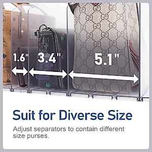 MAYSONG Adjustable Purse Organizer for Closet - Clear Acrylic Handbag Separators, Closets Divider for Clothes Purses Handbag (2 Base Boards 8 Shelf Dividers)