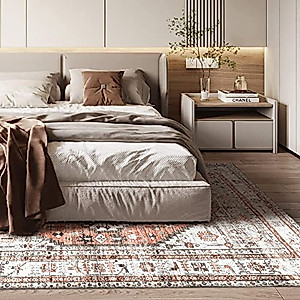 OIGAE Machine Washable Rug 5' x 7', Ultra-Thin Vintage Bohemian Medallion Area Rug, Stain Resistant Non-Slip Backing Rugs for Living Room Bedroom, Red