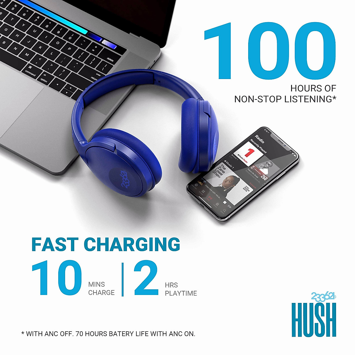 233621 Hush Hybrid Active Noise Cancelling Bluetooth Headphones with 100 Hrs of Playback, Dark Blue