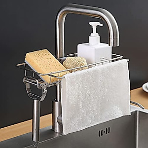 Citphto Sponge Holder Stainless Steel Faucet Kitchen Sink Caddy Organizer Detachable Hanging Sponge Holder for Kitchen Sink Bathroom Shower Rack Compatible with Faucets 0.63-1.0 Inches in Diameter
