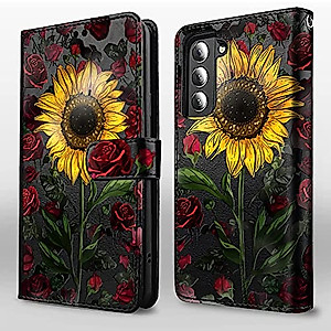 Shields Up for Galaxy S23 Case, [Detachable] Magnetic Wallet Case with Card Holder & Wrist Strap for Girls/Women, [Vegan Leather] Floral Cover for Samsung Galaxy S23 5G - Rose Flower/Sunflower