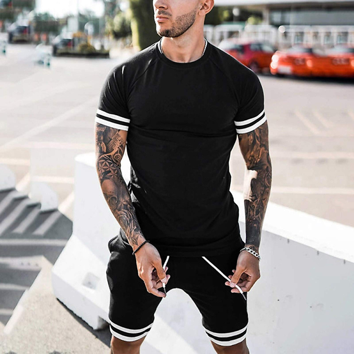 FORUU Mens Short Sets 2021,Summer 2 Piece Outfits Plus Size Beach Patchwork Sleeve Shirts & Shorts Pants Fashion Shirt And Casual Stylish Men Outfits, Black, ZCY0401, Large
