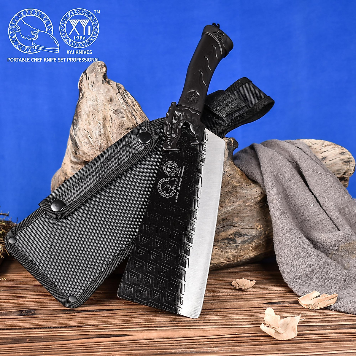 XYJ Authentic Since 1986,Vegetable Chopping Knife,Slice Chef Knives With Carry Bag,Holder,Whetstone,Slaughter Butcher Knife For Kitchen Camping Chopper,Full Tang,High Carbon Steel (8.5 Inch)