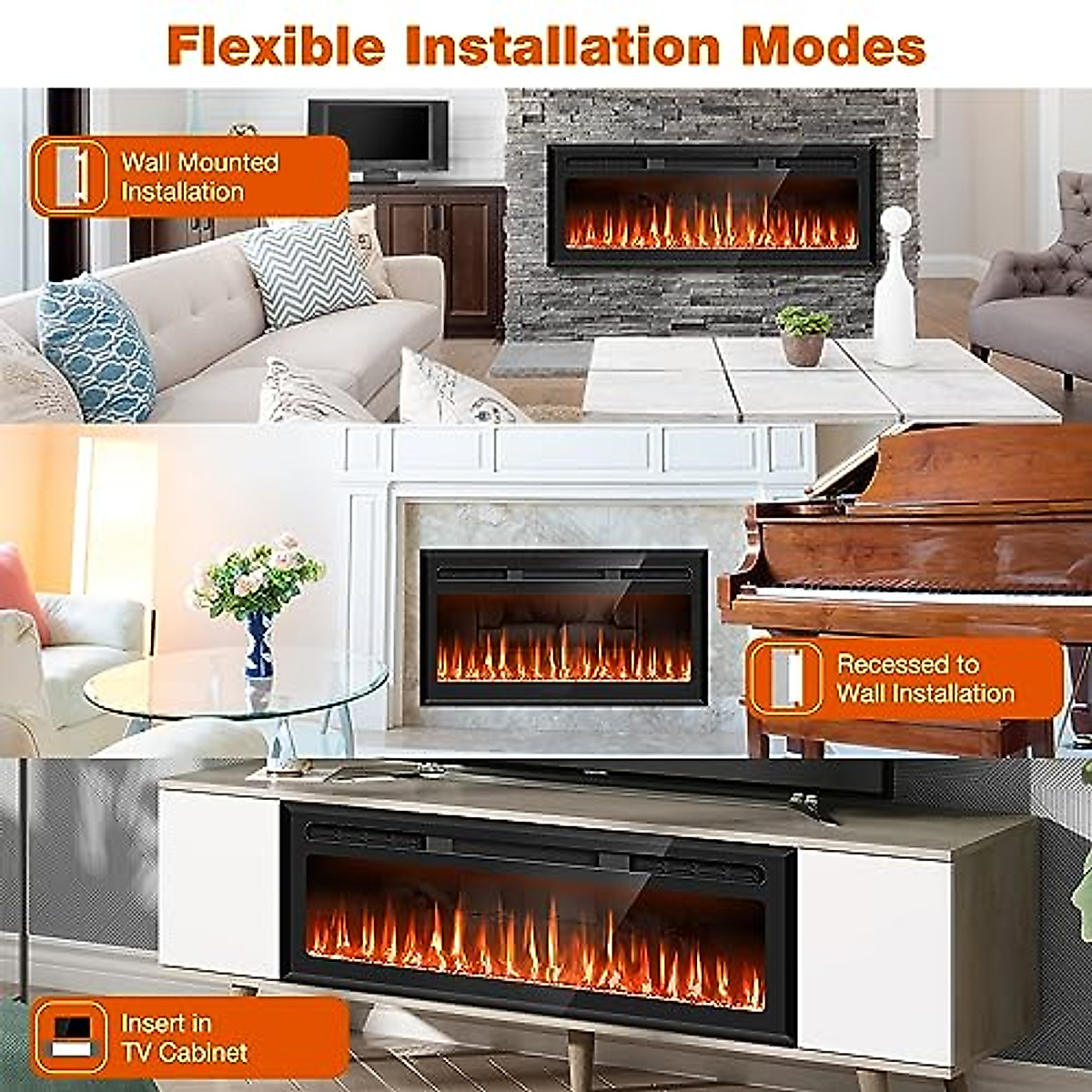 31" Mirrored Electric Fireplace Wall Mounted and Recessed, Ultra-Thin Electric Fireplace Inserts, Fireplace Heater and Linear Fireplace with Timer/Remote Control/12 Adjustable Flame Color, 750w/1500w