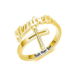Cross Ring with Personalized Name Open Name Plate Adjustable Custom Ring Gift for Women Teen Girl (Gold, Sterling Silver)
