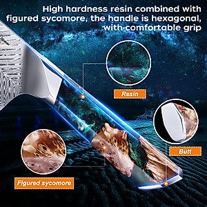 FINDKING Nebula Series Chef Knife with ABS Sheath, Multipurpose Japanese Gyuto Knife, 10Cr15CoMov Damascus Steel Blade, Resin and Figured Sycamore wood Handle, Full Tang, 8 Inch, Blue, for Meat