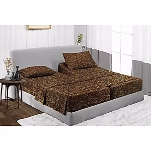 Split King Sheets Sets for Adjustable Bed, Soft Sateen Weave, 400-Thread-Count 100% Egyptian Cotton 5PC Set with 2 Fitted Sheets, Split-King Sheet Set 28-Inch Deep Pockets, 400-TC - |Leopard Print|