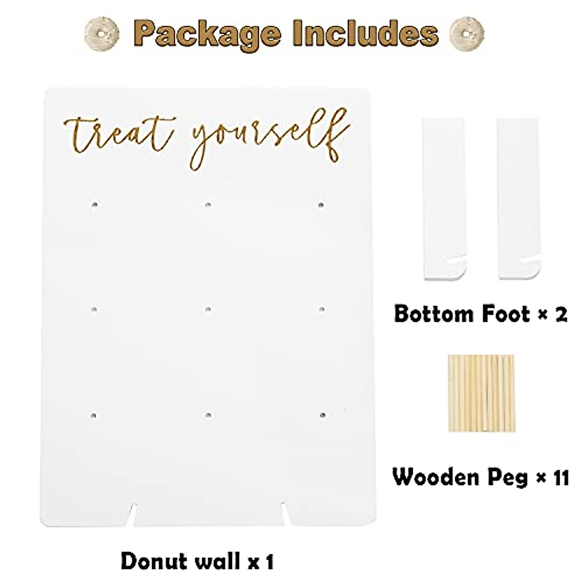 Rmeosye Donut Wall Display Stand Reusable Donut Holder Board Rustic Wood Doughnut Food Buffet Display for Wedding, Baby Shower, Bridal Shower, Birthday Party Treat Yourself Fits 9 Donuts (White)