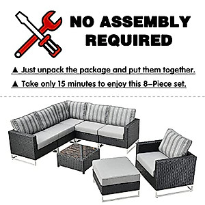 XIZZI Patio Furniture Set Outdoor Sectional Sofa 8 Pieces No Assembly Required Conversation Sets All Weather PE Rattan Wicker Couch with Coffee Table and Ottoman,Dark Grey Stripes