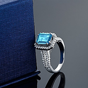 Gem Stone King 2.78 Cttw 925 Sterling Silver Swiss Blue Topaz Engagement Ring For Women | Gemstone Birthstone | Emerald Cut 9X7MM | Available In Size 5,6,7,8,9