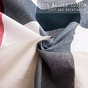 ECOCOTT 3 Pieces Duvet Cover Set Queen 100% Washed Cotton 1 Duvet Cover with Zipper and 2 Pillowcases, Ultra Soft and Easy Care Breathable Cozy Simple Style Bedding Set(Red,Blue and White Grid)