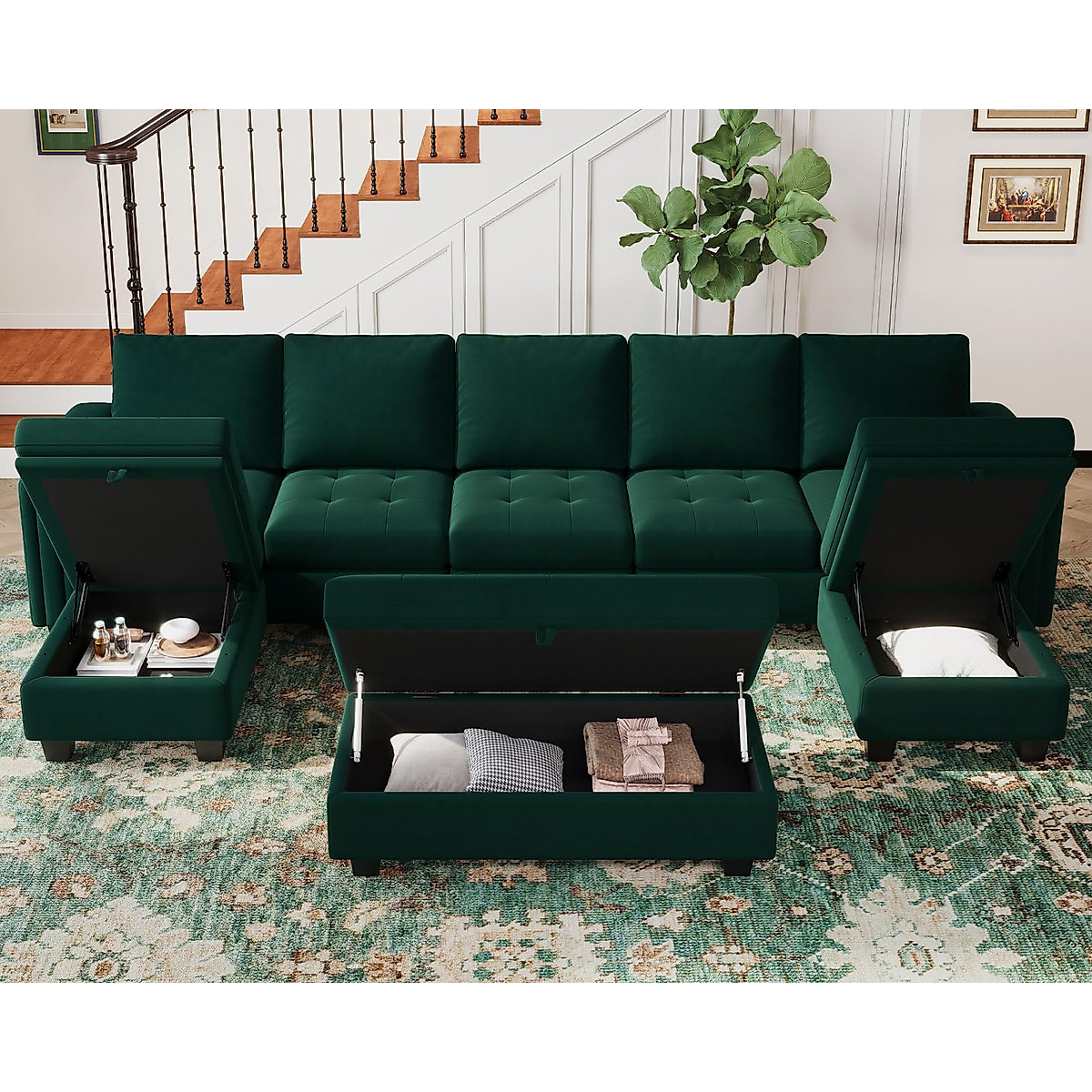 Belffin Modular Sectional Sofa Set Velvet U Shaped Sofa Set with Reversible Wide Chaise Convertible Corner Sectional Sofa Couch Set with Storage Ottoman Green