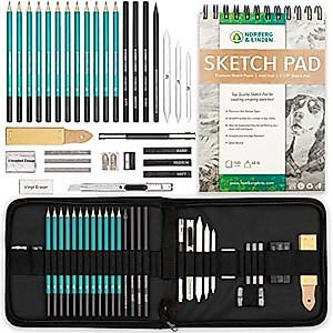 Norberg & Linden XL Drawing Set - Sketching, Graphite and Charcoal Pencils. Includes 100 Page Drawing Pad, Kneaded Eraser, Blending Stump. Art Kit and Supplies for Kids, Teens and Adults.